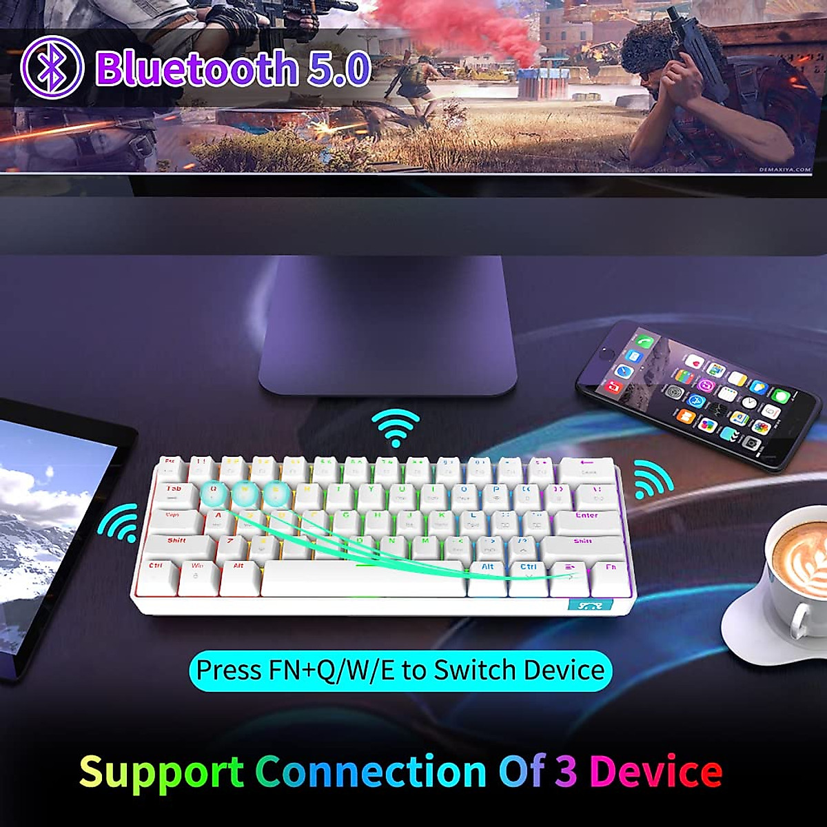 NACODEX STK61 2.4Ghz Wireless/Bluetooth/Wired 60% Mechanical Keyboard | 1000mAh Ultra Compact Rainbow Backlit Gaming Keyboard Wired Programmable for Win/Mac/PC Gamer