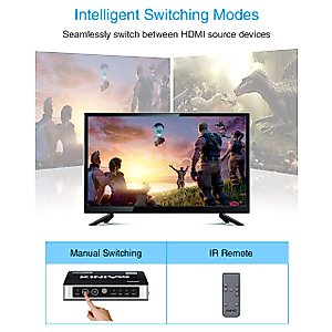 Kinivo HDMI Switch with Audio Extractor 360BNT (3 in one out, Toslink Optical Audio Port, SPDIF, 4K 60Hz, High Speed 18Gbps, IR Remote) - Compatible with Roku, PS5, Xbox, Apple TV, Dolby Digital/Atmos