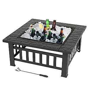 FCH 32" Outdoor Square Fire Pit with BBQ Rack, Rain Cover, Spark Screen Top and Poker Metal Firepit for Outside Backyard Patio Garden Terrace