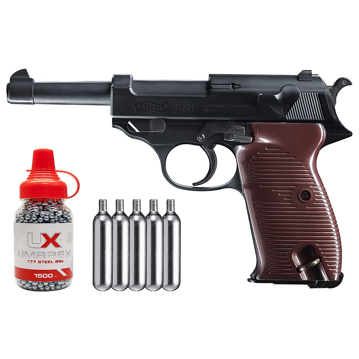 Wearable4U - Umarex Walther P38 Semi Auto CO2 Air Pistol BB Airgun Blowback Pistol Set with 5X 12gr CO2 Tanks and Pack of 1500 4.5mm (.177) Steel Umarex Precision BBS Bundle