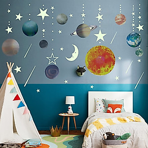 Blue Glow in The Dark Solar System Wall Decals,158 pcs Ceiling Light Stars and Moon Decoration, Planet Decor for Kids Boys Bedroom, Starry Sky Stickers for Nursery