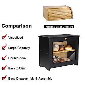 HOMEKOKO Bamboo Double Layer Regular Bread Box, Natural Bamboo Bread Boxes for Kitchen Counter, Bamboo Capacity Food Storage (Black)