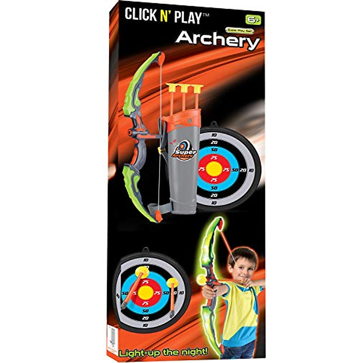 Click N' Play Bow & Arrow Archery Set for Kids, Toy Bow & Arrow That Lights Up for Outdoor Play with 3 Suction Cup Arrows, Target & Quiver, Practice Archery Set for Children Ages 4 & Up