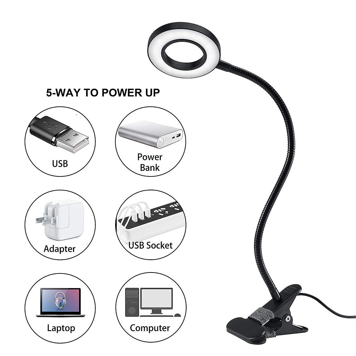 QQAPPU Clip Light Reading Lights 48 LED Clamp-on Desk Lamp with 3 Color Modes and 10 Brightness Dimmable, 360 ° Flexible Gooseneck Book Clamp Light for Video Conference Lighting Headboard