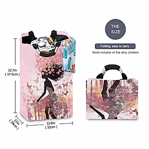 FLildon Laundry Basket Fairy and Butterflies Pink Collapsible Clothes Hamper, Waterproof Nursery Storage Bin with Handle Clothing Baskets for Bedroom Bathroom