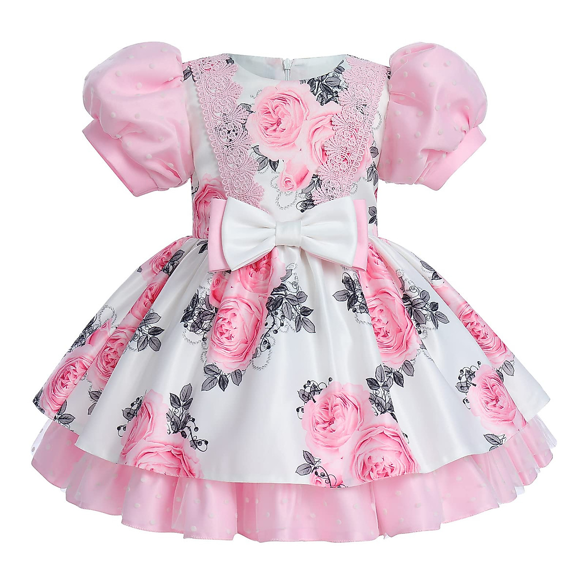 Baby Girl First Birthday Party Dress Headband Outfit Toddler Kids Flower Printed Short Sleeve Bowknot A-line Knee Length Lace Tutu Princess Dress for Pageant Wedding Bridesmaid Formal Pink 6-12M