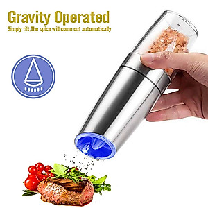 AVNICUD Electric Salt and Pepper Grinder, Automatic Pepper Mill, Gravity Salt Grinder, Battery-Operated with Adjustable Coarseness, LED Light, One Hand Operated (Silver 2Pack)