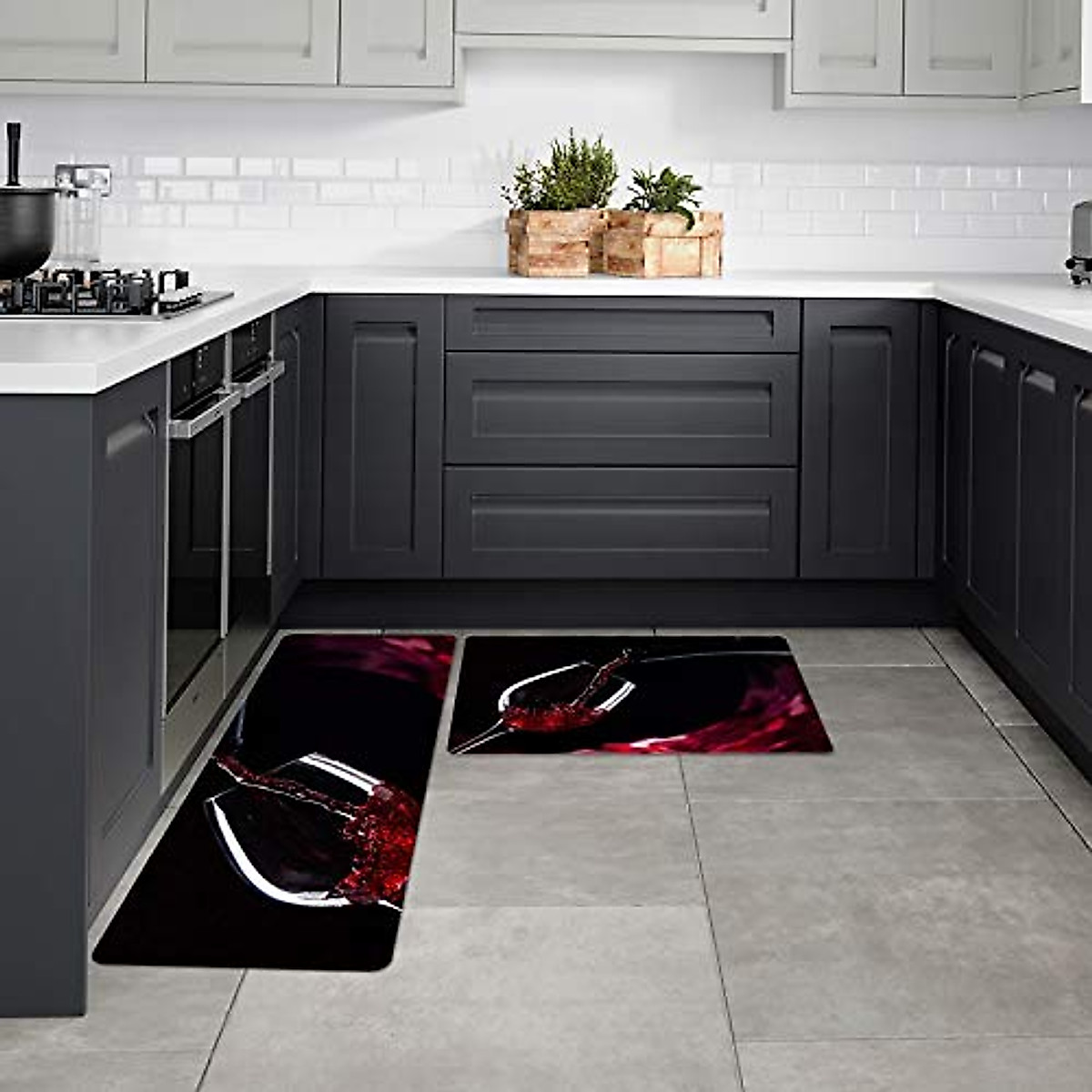 2 PCS Cushioned Anti-Fatigue Kitchen Mats and Rugs, Red Wine in Grass Absorbent Bath Mat Non-Slip Rug Accent Runner Floor Carpet Washable Indoor Doormat Standing Comfort Mat Abstract Black Background