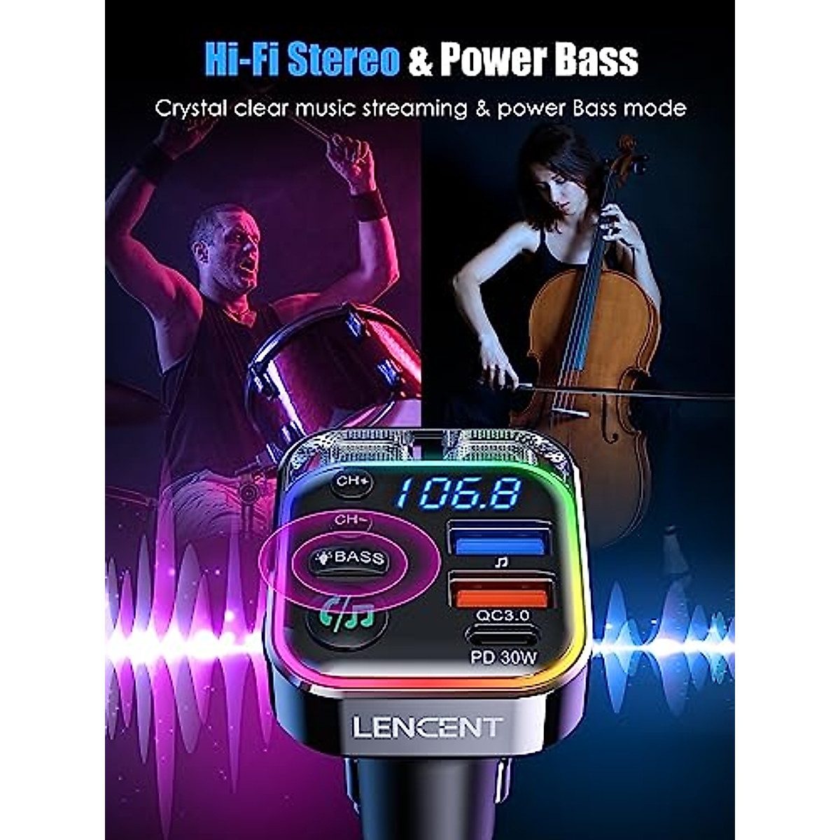 LENCENT Bluetooth 5.3 FM Transmitter,PD 30W & QC3.0 Fast Charger Bluetooth car Adapter,Hi-Fi Music/Clear Calling car FM Bluetooth Adapter