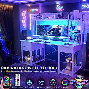 Aheaplus Desk with LED and Outlets, Gaming Desk with Hutch, 55.2'' Computer Desk with Drawers, Reversible Office Desk with Storage Bookshelf Large Workstation Desk with Shelf, Desk for Home, White