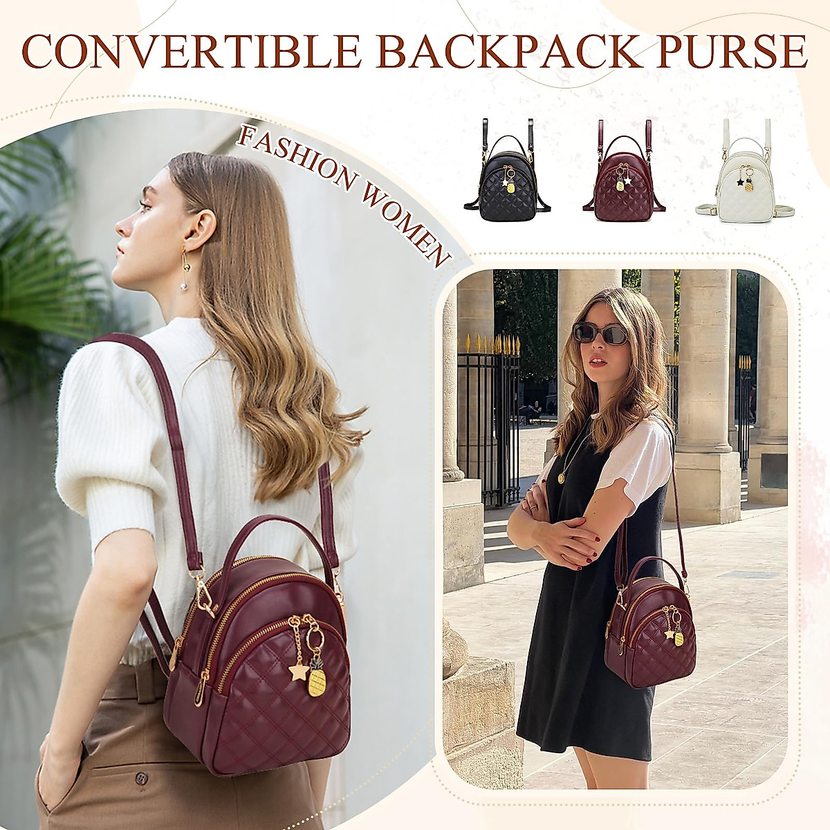 Mini Backpack Purse,VONXURY Fashion Small Leather Quilt Backpack Convertible Casual Travel Daypack for Women Ladies Girls