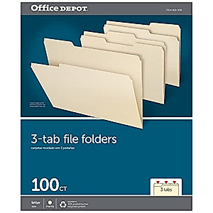 Office Depot File Folders, 1/3 Cut, Letter Size, 30% Recycled, Manila, Pack of 100, 810838
