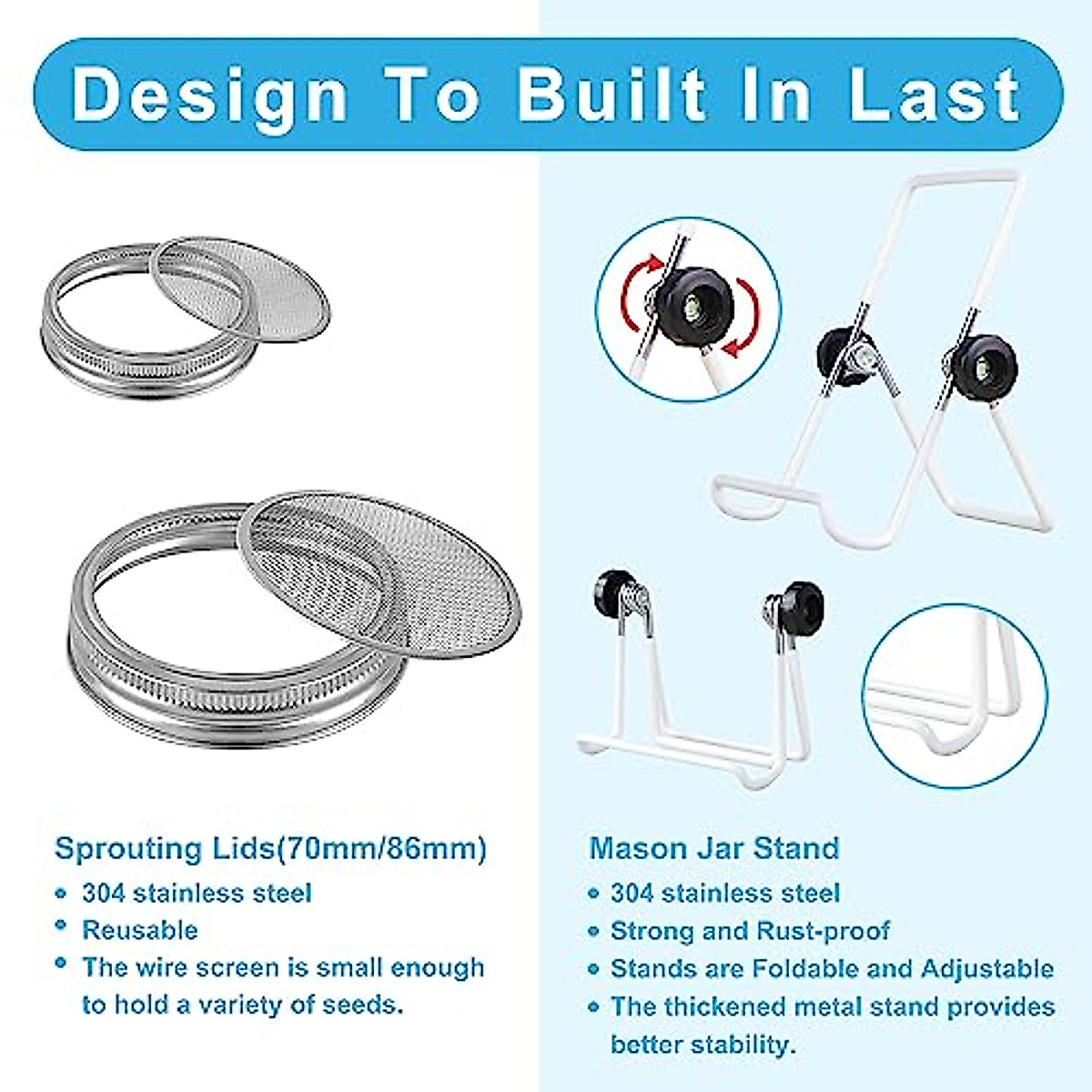 Sprouting Kit, 2 Stainless Steel Sprouting Lids for Regular and Wide Mouth Mason Jars, Sprouts Growing Kit with Timer, 2 Tray, Sprouting Jar Stand for Bean Sprout, Alfalfa, Broccoli (Not Include Jar)