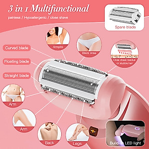 Electric Razor for Women - Womens Shaver Bikini Trimmer for Legs Bikini Underarm Public Hairs Rechargeable Wet and Dry Cordless with LED Light(Pink)