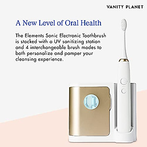 Vanity Planet Elements Ultrasonic Electric Toothbrush - Gold - Advanced Oral Care with UV Sanitizing Charger Base with 3 Replacement Heads - 99.9% Effective Keeping Your Teeth Clean