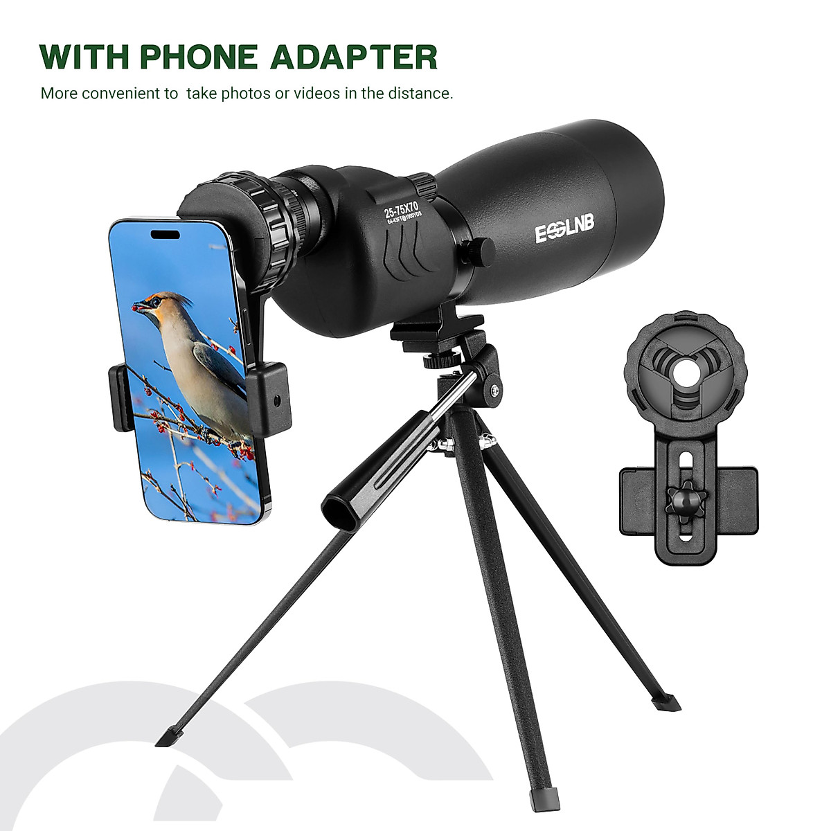 ESSLNB Spotting Scope with Tripod Cell Phone Adapter 25-75 X 70 BAK4 Waterproof Straight Spotting Scopes for Target Shooting Hunting Bird Watching