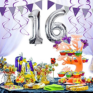 Cooshine 16th Birthday Party Decorations for Girls Purple and Silver, Light Purple Lavender Party Decoration with Happy Birthday Banner Trianguler Pennants Latex Confetti Balloons
