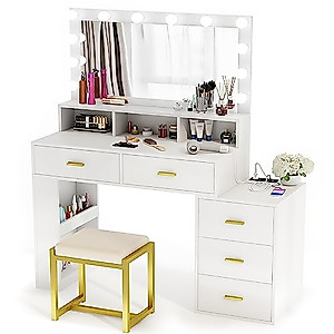 PAKASEPT Vanity Set with Lighted Mirror, Modern Makeup Vanity Dressing Table with 12 LED Bulbs & Power Outlet, Vanity Desk with 5 Drawers, Storage Stool for Bedroom (White)