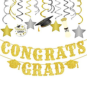 Gold Glitter, Congrats Grad Banner 2022 - No DIY, 10 Feet | 45 Pieces, Graduation Hanging Swirls Decorations - No DIY | Gold Graduation Party Decorations 2022 | Graduation Hanging Decorations 2022