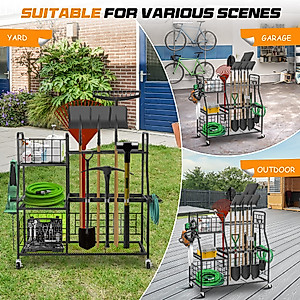 Rengue Large Garden Tool Organizer 3 Tier Yard Tool Rack with Slots & Hooks, Heavy Duty Metal Shelf Yard Tool Holder, Utility Stand Rack for Garage Organization and Storage for Garage, Backyard, Lawn