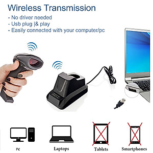 LS-PRO Wireless Barcode Scanner with USB Cradle Receiver Charging Base, 2.4GHz Handheld 1D Cordless Laser Barcode Reader, UP to 150Ft Transmission Range, long-life Battery 2200mAh, 1 Year Warranty.