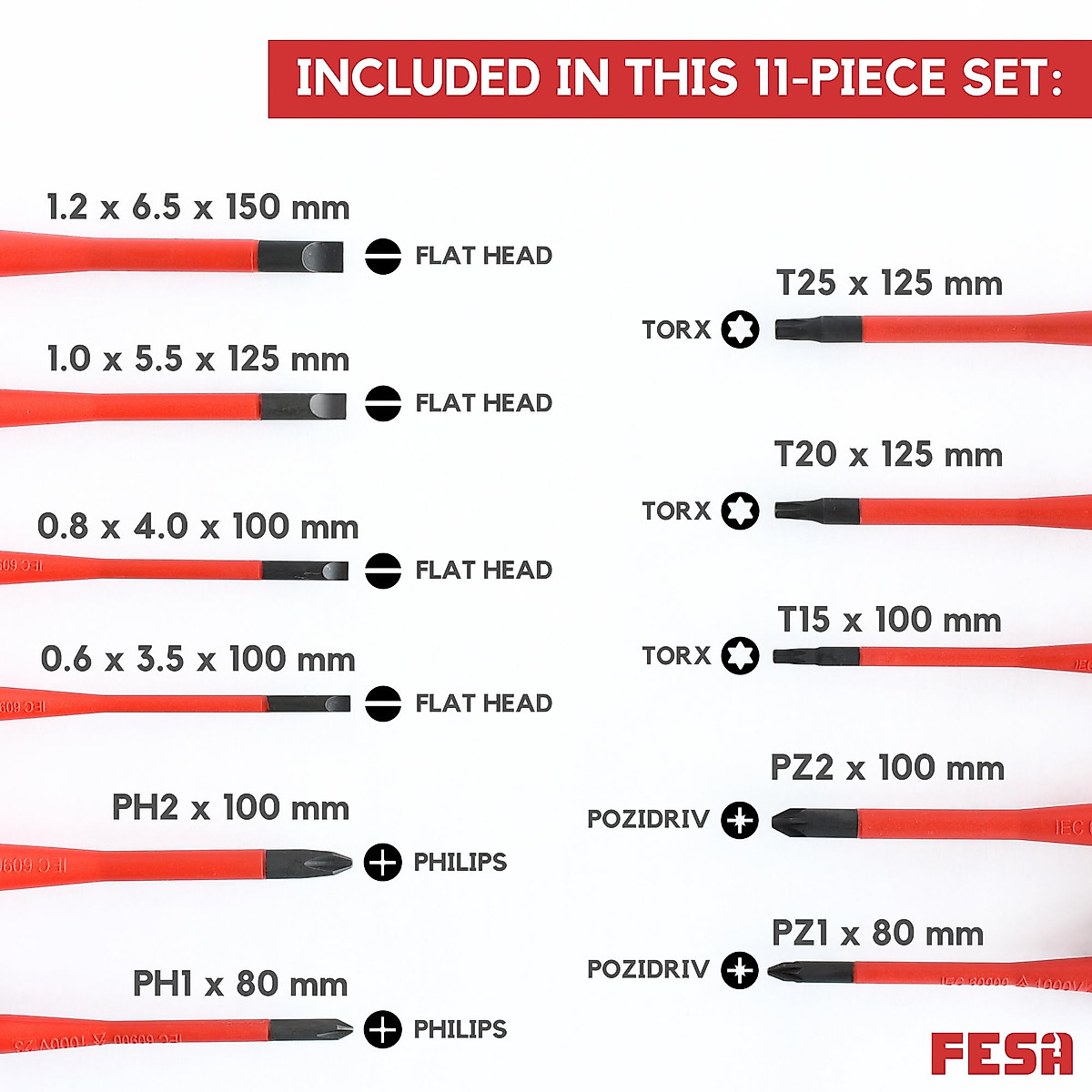 FESA Electrician Insulated Screwdriver Set - 1000V 11-Piece Professional Electrician Screwdriver Set with Magnetic S2 Steel Tips - Pozidriv, Phillips, Flathead or Slotted & Torx - Insulated Tools