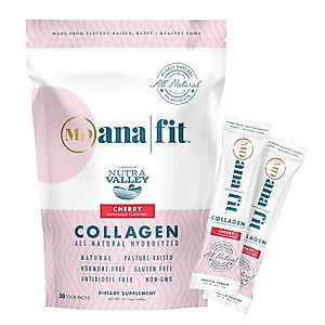 MD Ana Fit - Grass-Fed Hydrolyzed Collagen Peptides Powder, Non-GMO Dairy, Hormone Free & Gluten Free, Pasture Raised, Cherry, 30 Stick Packs (360g)