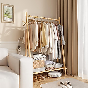 KASLANDI Solid Wood Clothes Rack, Clothing Rack with Shelf and Hook, Sturdy and Portable, Garment Rack for Hanging Clothes,Coats,Skirts,Shoes,Bags,Easy to Assemble (Natural)