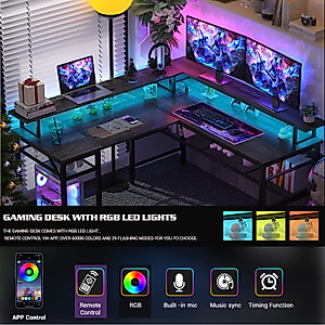 Unikito Cool L Shaped Computer Desk, Reversible Corner Office Desk with Smart Strip Light and Magic Power Outlets, Sturdy Ergonomic Gaming Table with Monitor Stand and Storage Shelf, Grid Design, Gray