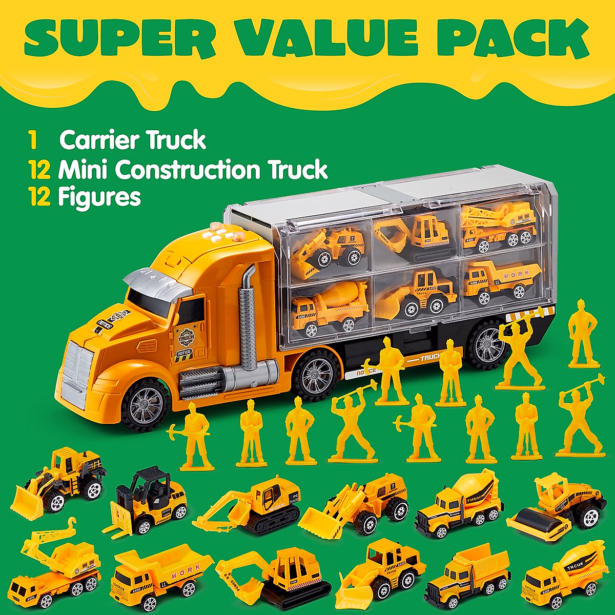 JOYIN 25 in 1 Construction Truck Vehicle Toy Set, Play Vehicles Set with Sounds and Lights in Carrier Truck, Push and Go Vehicle Car Toy, Kids Birthday Gifts for Over 3 Years Old Boys