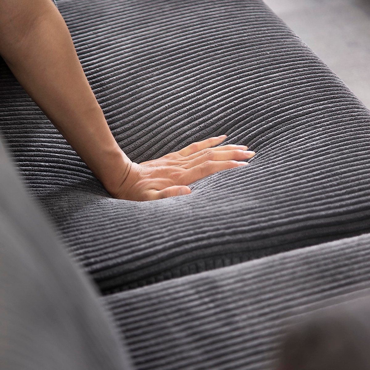 MYINDA Sectional Couches for Living Room, Convertible 4-Seat Deep Modular Couch with Movable Ottoman, Modern L Shaped Couch, Comfy Corduroy Upholstered Corner Sofa & Couches (Dark Gray)