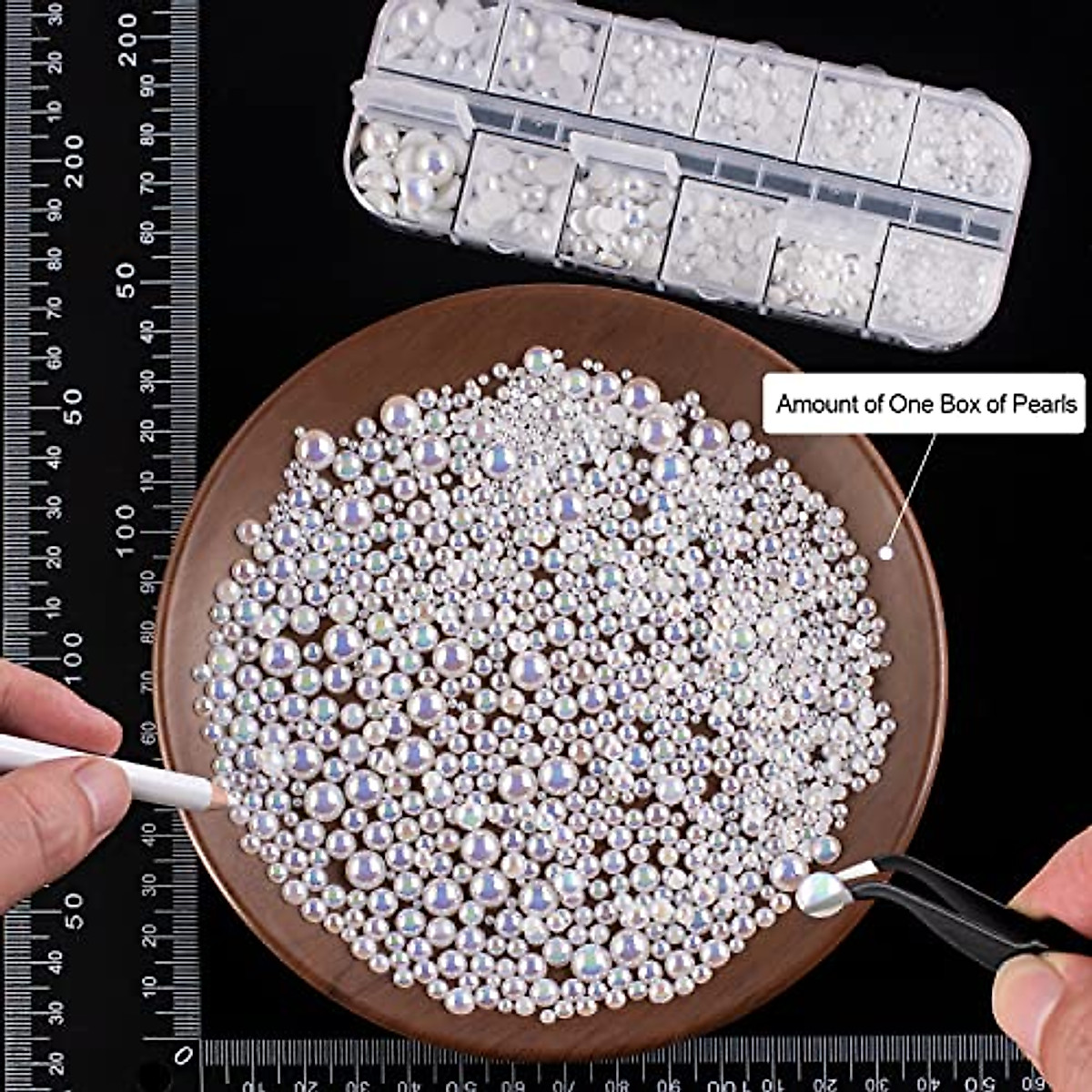 4000PCS Flatback Rhinestones and Half Round Pearls Kit #1, Multi Size Glass Clear & AB Crystals, Plastic Flat Back White AB & Beige AB Dome Bead with Pickup Pencil and Tweezer for Nail Art