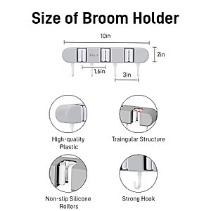 Bntyok Broom Holder with 3 Slots & 4 Hooks Heavy Duty Garden Tool Organizer Broom Hanger Wall Mount for Home Laundry Room Kitchen Closet Shed Garage Organization and Storage - Grey