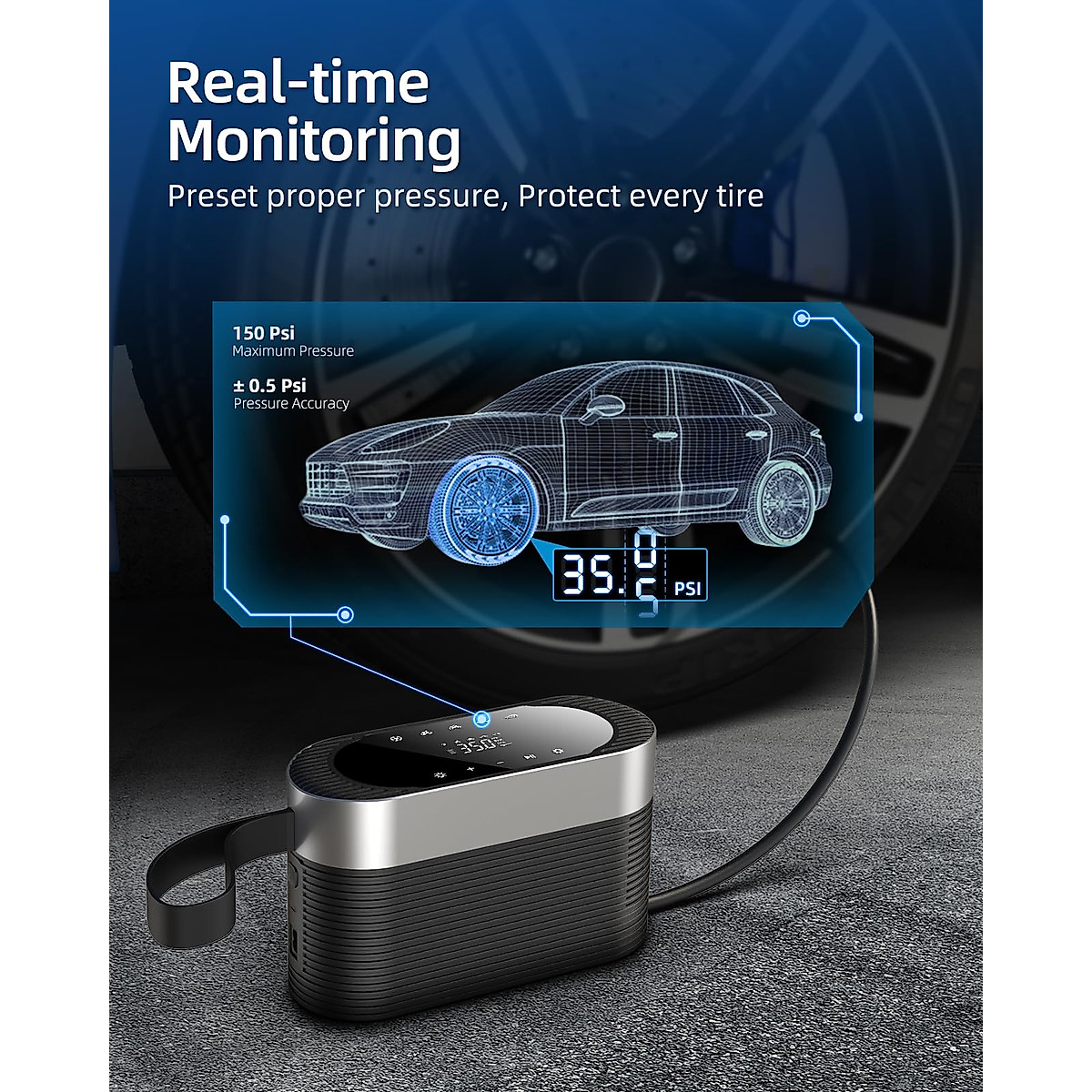 ShockFlo Tire Inflator Portable Air Compressor 12v DC Ultra Fast Air Pump for Car Tires- 150PSI Car Tire Air Pump Digital Pressure & Pre-set Gauge with Emergency LED Light