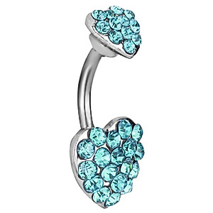 Forbidden Body Jewelry Surgical Steel Aqua Blue Pave Jeweled Double Heart Belly Button Ring