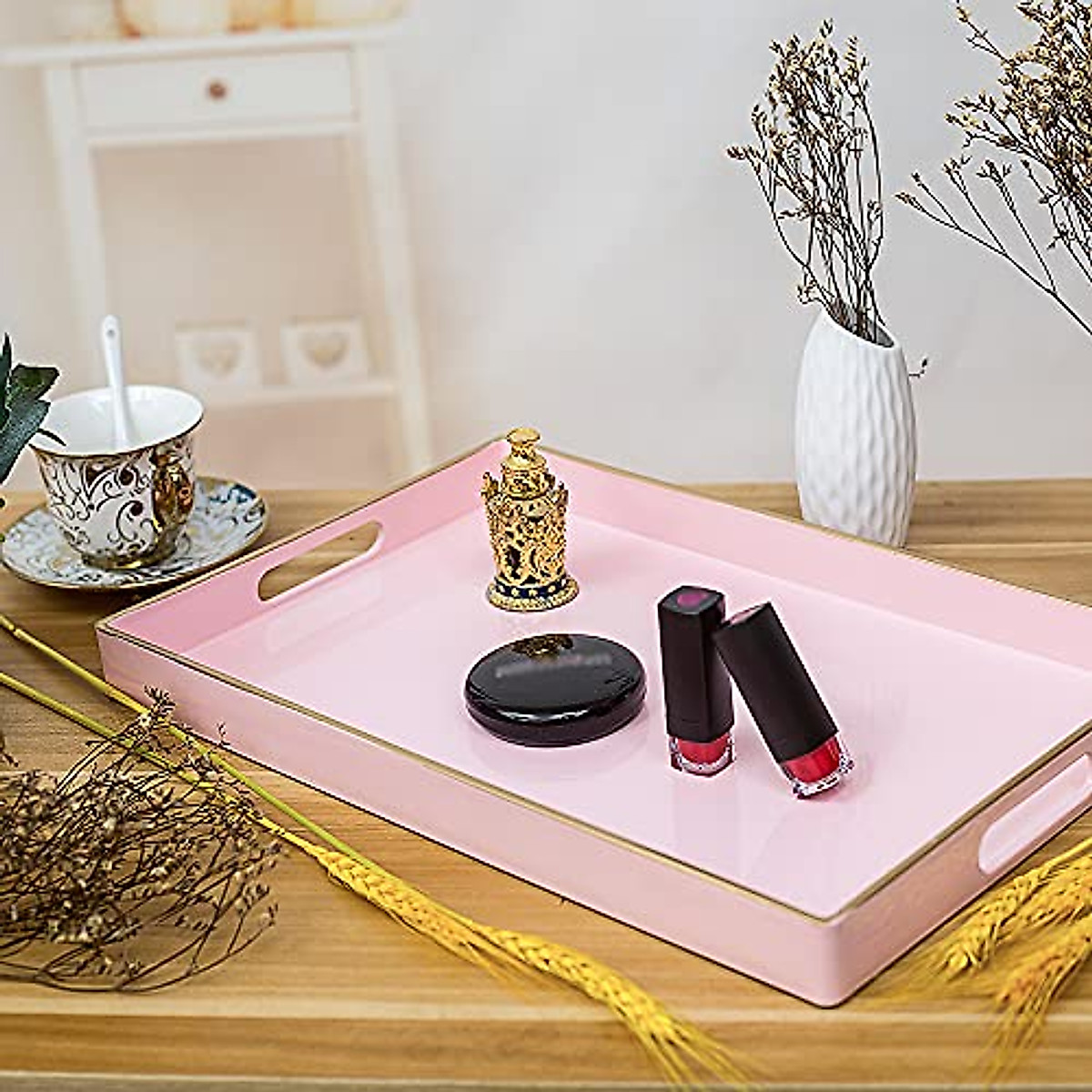 MAONAME Pink Serving Tray with Handles, Modern Decorative Tray for Coffee Table, Plastic Rectangular Tray for Ottoman, Bathroom, Decor, 15.75” x 10.2” x1.57