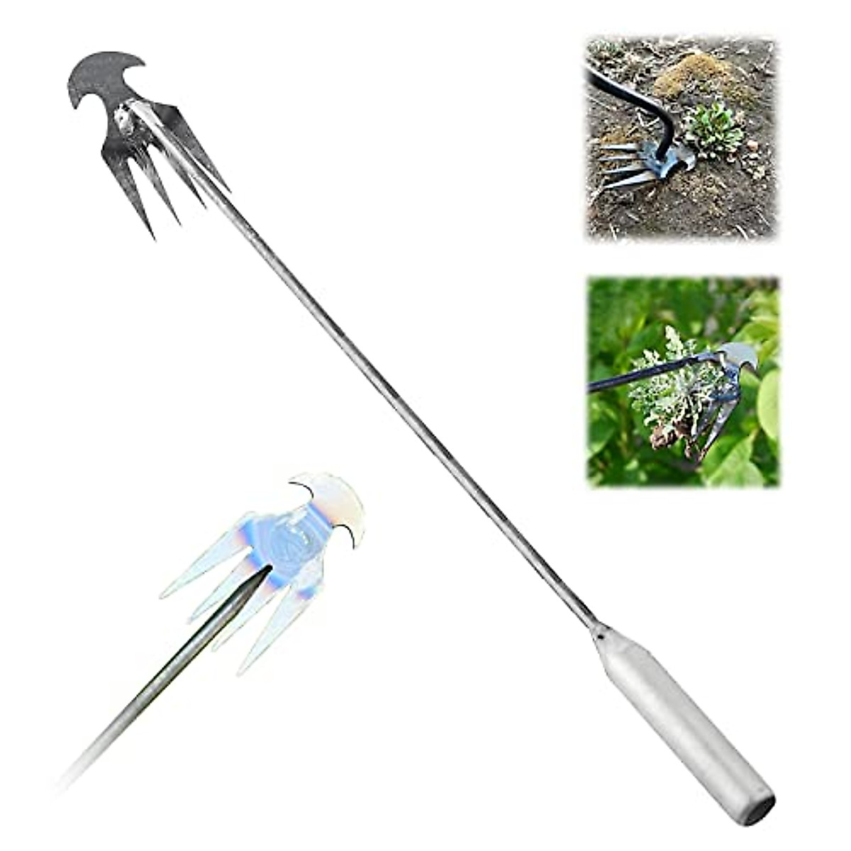 Amposei Weeding Artifact Uprooting Weeding Tool, Multifunctional Weeder, Hand Weeder Tool, 4 Teeth Stand Up Weed Puller Tool with Handle for Garden Yard Farm Weed Removal (20in, Metal Handle)