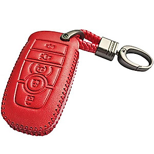 Hand Sewing Red Leather Key Cover Fob Case Protector Jacket Remote Bag For 2017 Ford Fusion F250 F350 F450 F550 Edge 2018 2019 2020 Explorer Expedition 2021 Lincoln Nautilus 5 Buttons Smart Key