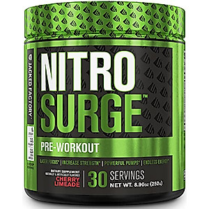 NITROSURGE Pre Workout Supplement - Endless Energy, Instant Strength Gains, Clear Focus, Intense Pumps - Nitric Oxide Booster & Powerful Preworkout Energy Powder - 30 Servings, Cherry Limeade