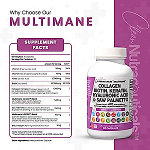 Collagen Pills 1000mg Biotin 10000mcg Keratin Saw Palmetto 2500mg Hyaluronic Acid - Hair Skin and Nails Vitamins and DHT Blocker with Vitamin E Folic Acid Pumpkin Seed MSM Made in USA - 90 Count