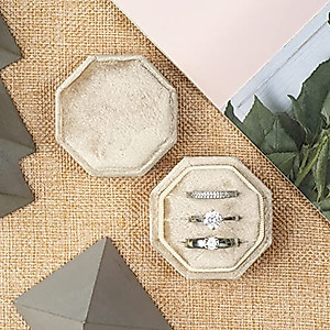 Equal Octagon Velvet Ring Box Storage 3 Slots for Wedding Ceremony Proposal Engagement Birthday Gift (Beige)