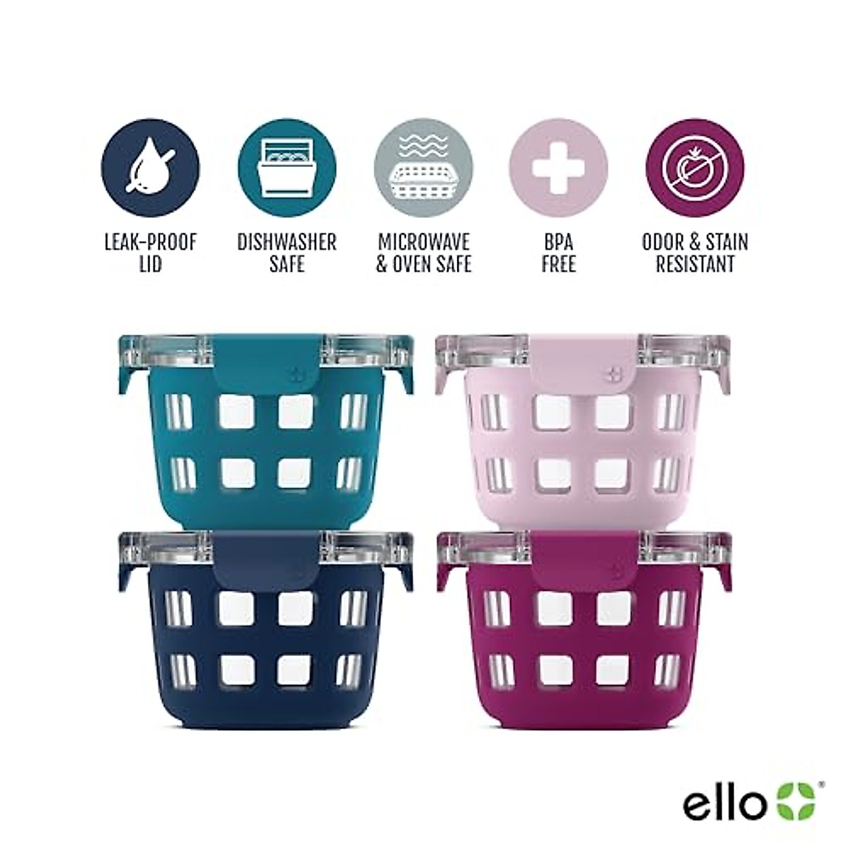 Ello Duraglass 4-Pack 2 Cup Reusable Glass Container Jar with Leak Proof Lids and Protective Silicone Sleeves | Perfect for Overnight Oats, Yogurt | BPA-Free | Dishwasher Safe | Evening Orchard