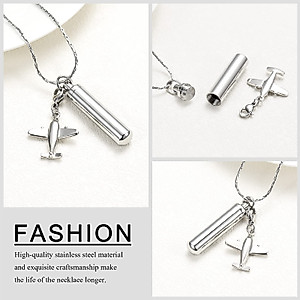 constantlife Cylinder Cremation Jewelry for Ashes 316L Stainless Steel Urn Pendant Memorial Necklace with Small Accessories Charms Keepsake (Airplane)