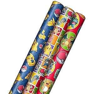 Hallmark Pokémon Wrapping Paper with Cutlines on Reverse (3 Rolls: 60 Sq. Ft. Ttl) with Pikachu, Charmander, Bulbasaur for Birthdays, Kids Parties, Gamers, Christmas Gifts