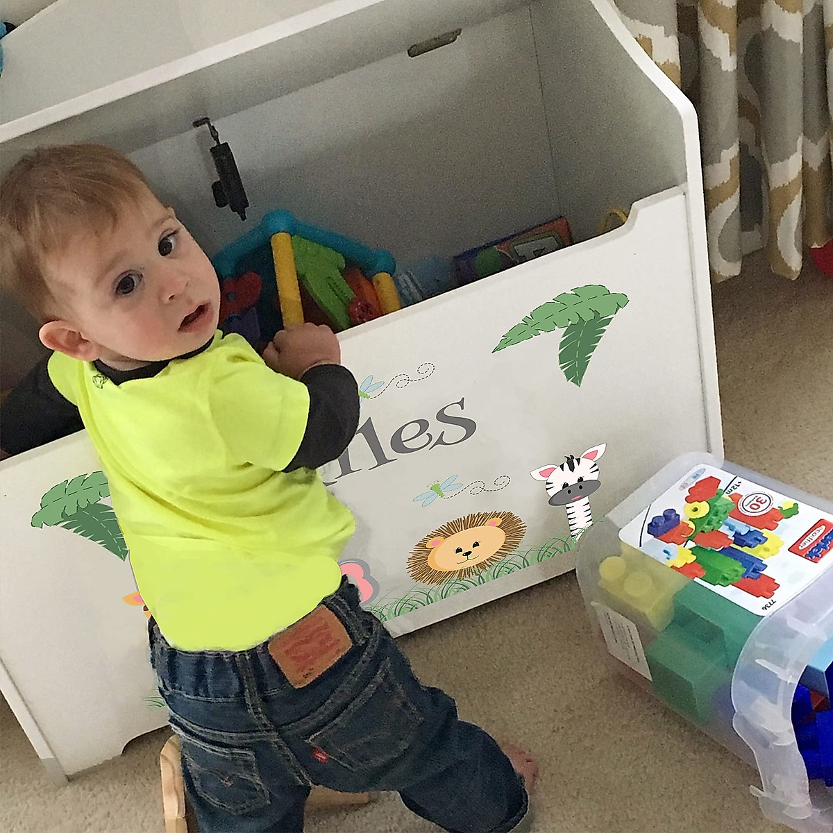 My Bambino Personalized Toy Box Bench Woodland Forest Animals White Wooden Toy Bin with lid - Chest for Toys Storage and added Nursery Playroom Bedroom Decor Seat Organizer