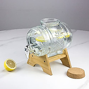Kcgani 2.7L/0.7Gallon Glass Beverage Dispenser with Leak-proof Spigot, Drink Dispenser Barrel with Sturdy Bamboo Stand, Cold Drink Kettle Container for Fridge, Iced Tea, Lemonade, Bar, Party