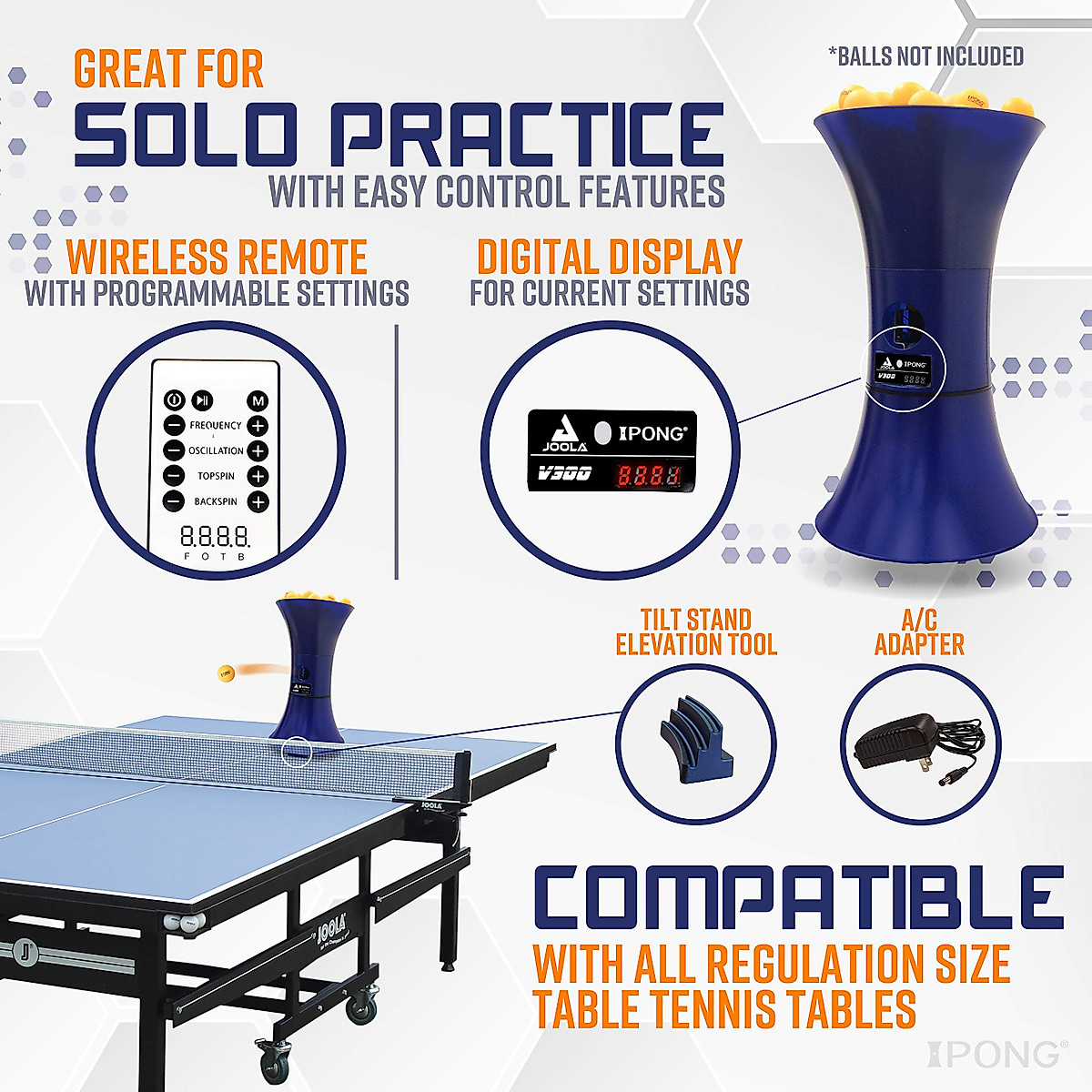 iPong V300 Table Tennis Training Robot - Serves 40mm Regulation Ping Pong Balls Automatically - Play Solo w/o Playback Mode on your Ping Pong Table - Various Models Available, Size 19 , Blue
