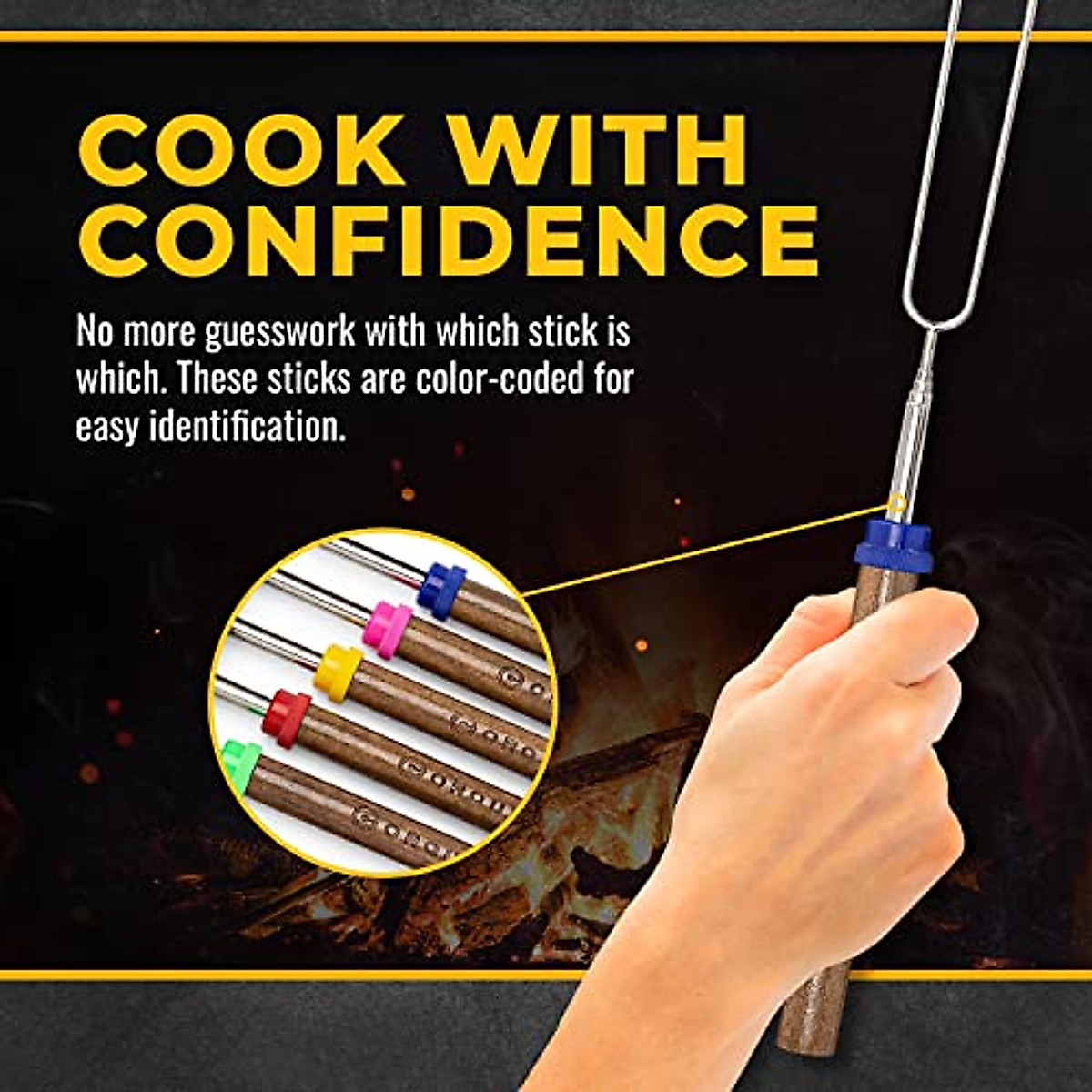 CORQUE Marshmallow Roasting Sticks, Smores Sticks, Extendable, Camping Skewer for Fire Pit, Wooden Handle, 32inch Metal for BBQ Hotdog, Cooking, Campfires, Bonfires, Set of 5