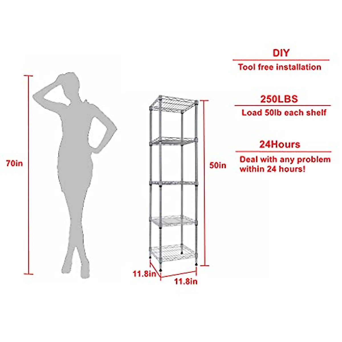 GIOTORENT 5 Tier Standing Shelving Metal Units, Adjustable Height Wire Shelf Display Rack for Laundry Bathroom Kitchen 11.8 W x 11.8 D x 50 H (5-Tier, Silver)
