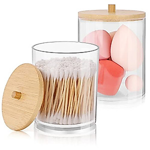TCJJ 2 Pack 15 Oz Acrylic Qtip Holder Dispenser Bathroom Jars with Bamboo Lids, Cotton Ball Pad Round Swab Holder for Bathroom Accessories Storage Organizer